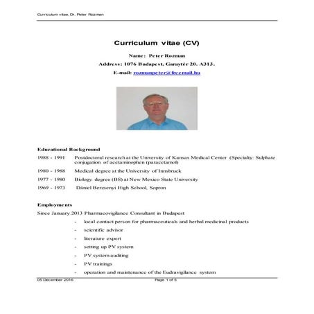 Curriculum vitae of Peter Rozman 2016 | DOCX | Pharmaceutical Industry ...