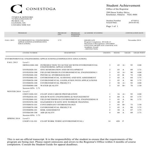 Conestoga Transcript | PDF