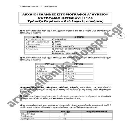 Θουκυδίδου "Ιστορίαι" Α' Λυκείου, Γ’ 74: Τράπεζα Θεμάτων, Λεξιλογικές ...