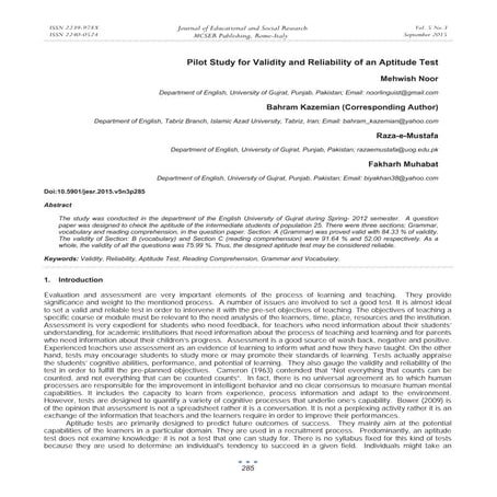 Pilot Study for Validity and Reliability of an Aptitude Test | PDF