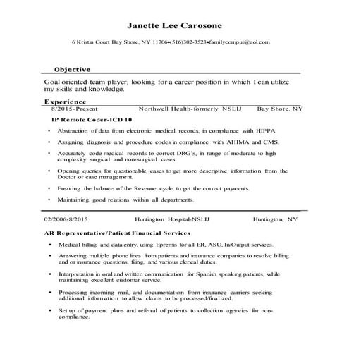 Janette Lee Carosone Resume (1) | DOCX | Healthcare Industry | Industries