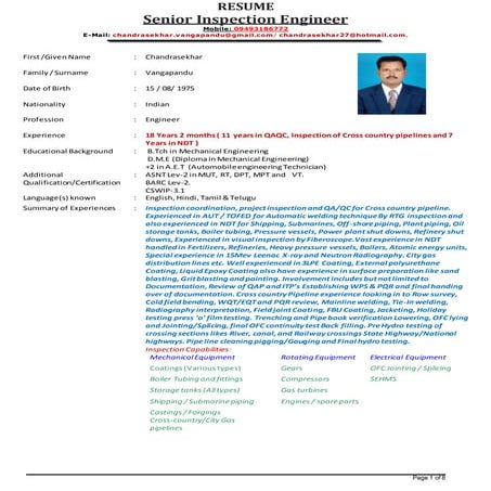 Senior Inspection Engineer V.Chandrasekhar RESUME as on 01-12-2014 | DOCX
