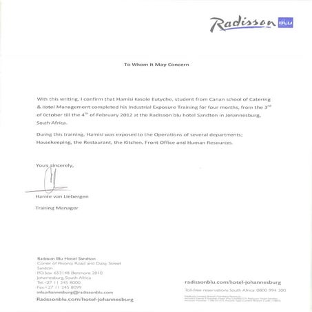 Reference Letter Radisson Blu Hotel Sandton | PDF
