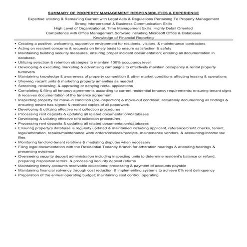 Summary of Property Management Responsibilities and Experience | PDF