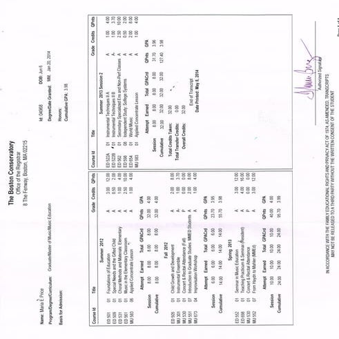 The Boston Conservatory Official Transcript | PDF