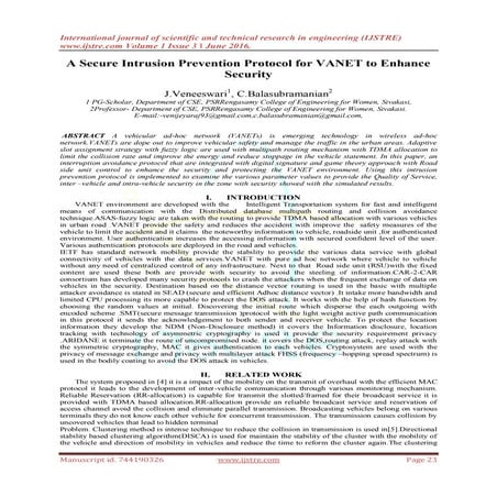 A Secure Intrusion Prevention Protocol For Vanet To Enhance Security Pdf