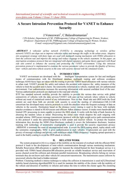 A Secure Intrusion Prevention Protocol For Vanet To Enhance Security Pdf