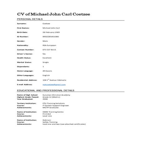 New CV of Michael Coetzee 3 | DOCX