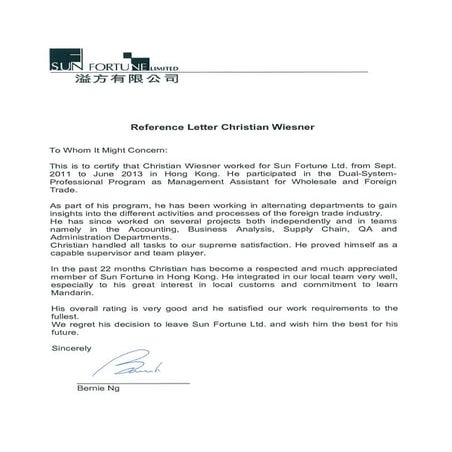 Sun Fortune Reference Letter Christian Wiesner | PDF