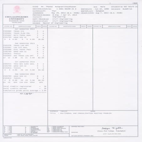 R.Thanat Master Transcript (English) | PDF