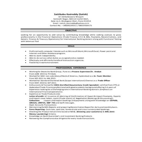 CV_Satish Reddy-July 2016 | DOCX | Business Banking & Finance | Business