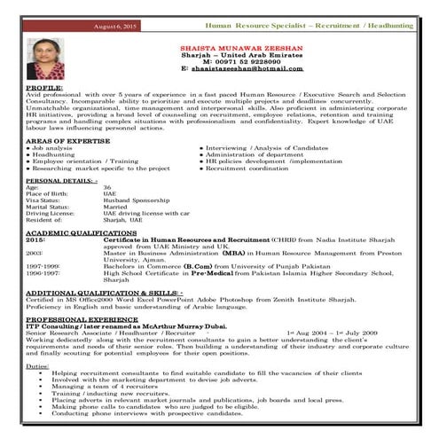 SHAISTA MUNAWAR ZEESHAN new resume aug 2015 | DOCX