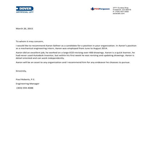 Aaron Sollner Recomendaiton Letter | PDF