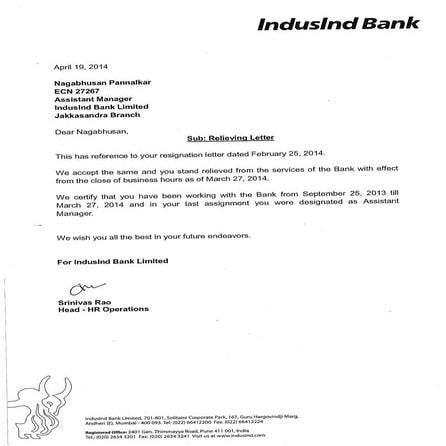 Relieving Letter Format