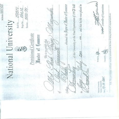National University, Privisional Certificate,Maste of Commerce,1997 ...