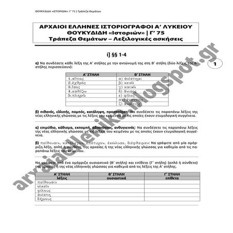 Θουκυδίδου "Ιστορίαι" Α' Λυκείου: Γ', 75 – Τράπεζα Θεμάτων, Λεξιλογικές ...