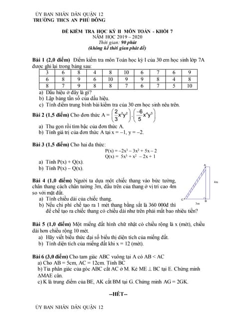 Đề Thi HK2 Toán 7 - THCS Bàn Cờ | DOCX