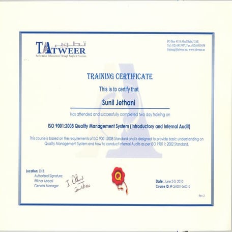 Mr. Sunil Jethani ISOTraining Certificate | PPT