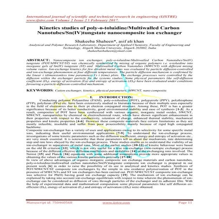Kinetics studies of poly-o-toluidine/Multiwalled Carbon Nanotubes/Sn(IV)tungstate nanocomposite ...