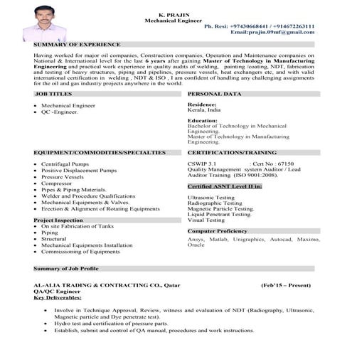K PRAJIN RESUME - 2015 | DOC
