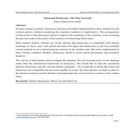 Islam & Democracy-The Way Forward (final) G1128403 Isham S Ishak | PDF