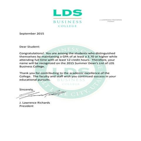 S15 Deans List Letter | PDF
