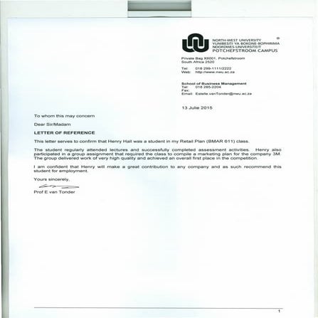 Attachment 12- Reference letter- Prof E van Tonder | PDF