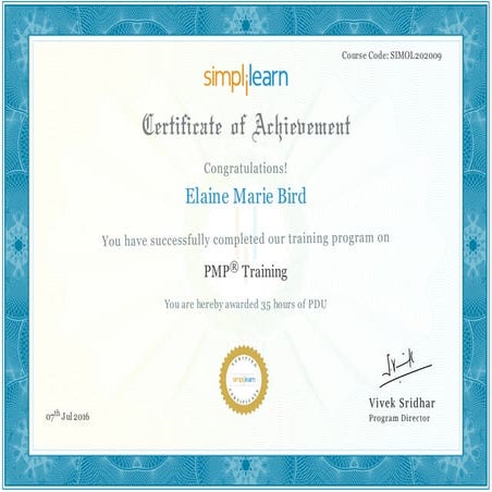 PMP Course Completion Certificate | PDF