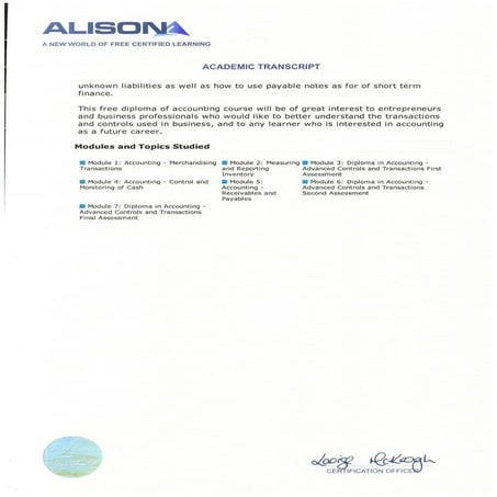 ACADEMIC TRANSCRIPT DIPLOMA IN ACCOUNTING - ADVANCED CONTROLS AND TRANSACTION 2 | PDF