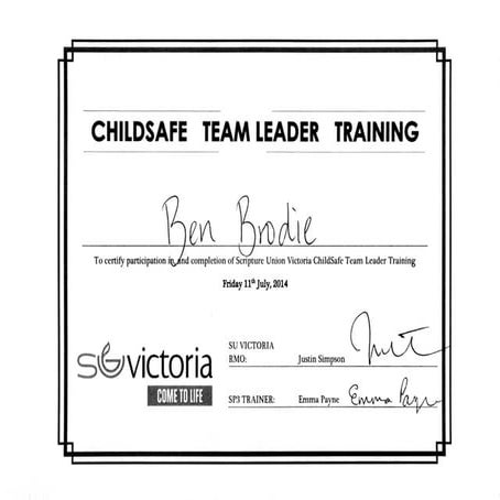 Certificate of Scripture Union Victoria Childsafe Team Leader Training ...