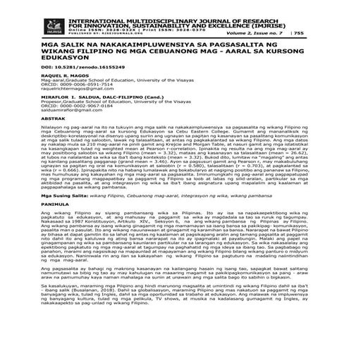 Mga Salik Na Nakakaimpluwensiya Sa Pagsasalita Ng Wikang Filipino Ng ...