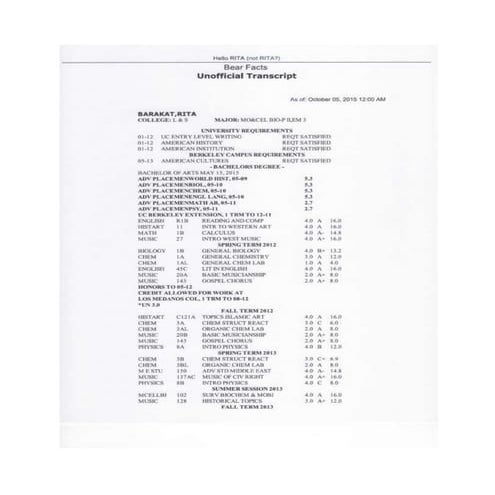 Rita Barakat Unofficial Transcript | PDF