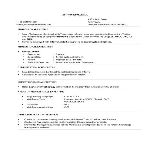 Ashwin - Mainframe Developer | DOC | Databases | Computer Software and Applications