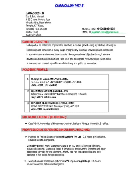 Experienced cae (FEA) Engineer Resume | DOCX