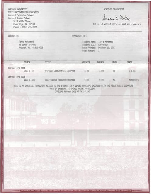 Harvard University Transcript - | PDF