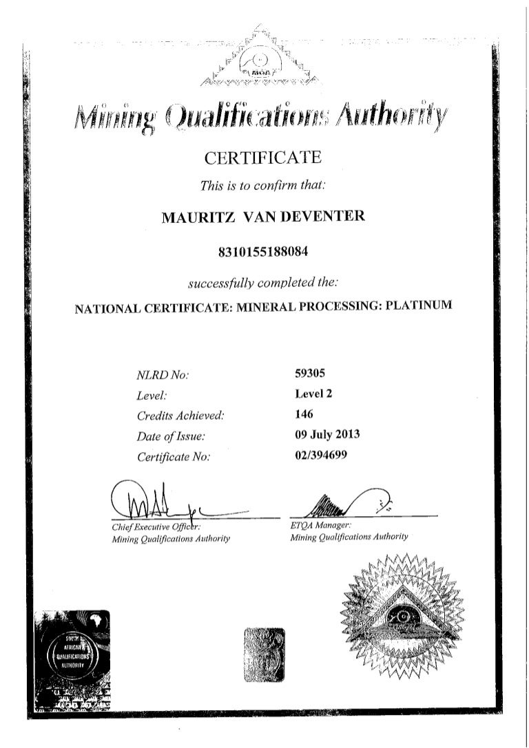 MQA - National Certificate - Mineral Processing_Platinum (level 2)