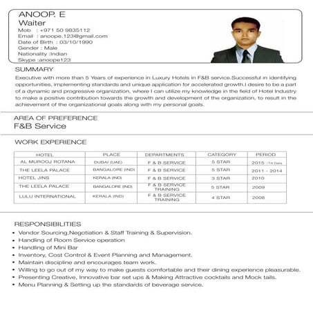 Anoop CV 2016 | PDF | Hospitality Industry | Industries