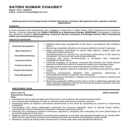 Resume for Store incharge | DOC