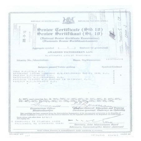 Matric Certificate (Grade 12) - Leslie T. Hlatshwayo | PDF