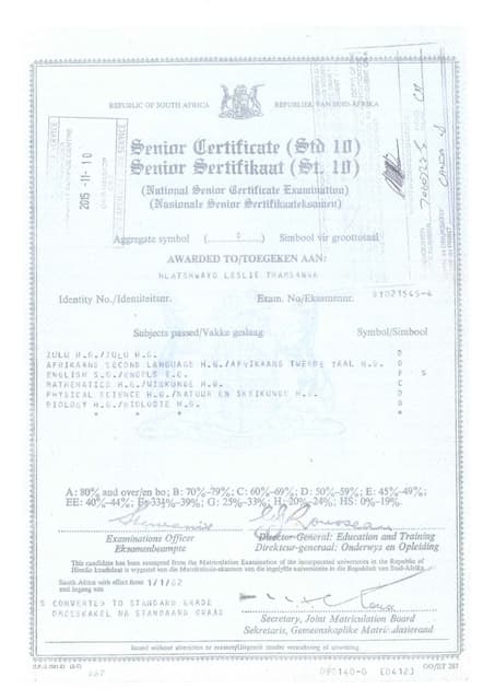 Matric Certificate (Grade 12) - Leslie T. Hlatshwayo | PDF