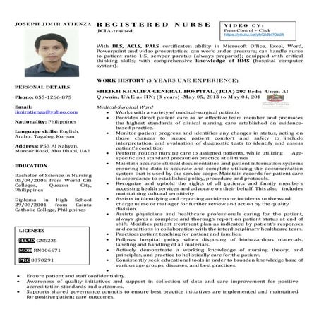 RN Joseph Atienza, HAAD, JCIA -TRAINED Comprehensive CV | DOC