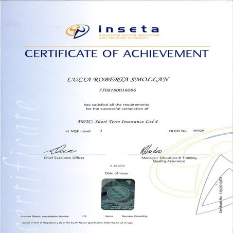 Inseta Certificate | PDF