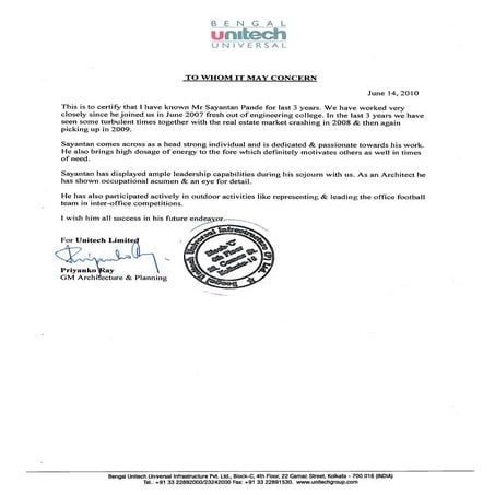 Recommendation Letter from Unitech Limited | PDF