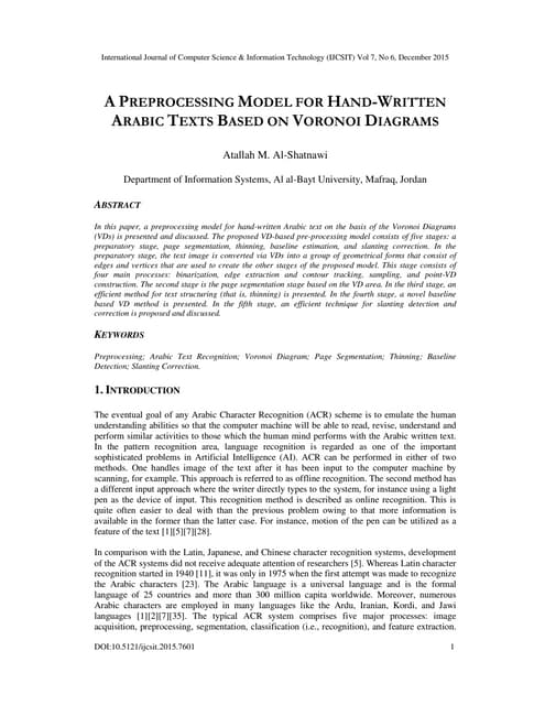 Preprocessing Phase For Offline Arabic Handwritten Character Recognition Pdf Computing