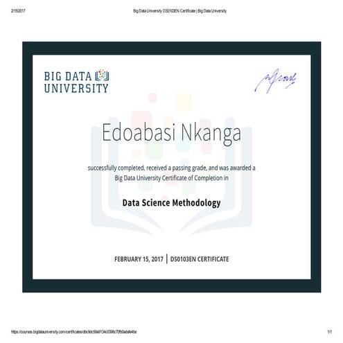 Big Data University DS0103EN Certificate _ Big Data University | PDF