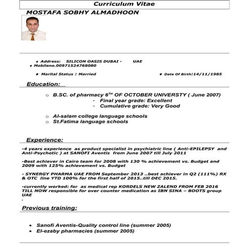 CV of MOSTAFA SOBHY AL MADHOON 2016 | DOC