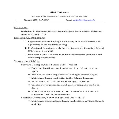 Resume | DOC | Programming Languages | Computing