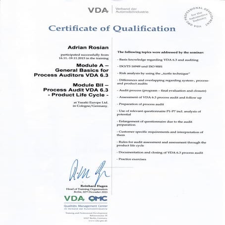 Certificate VDA 6.3 Process Auditor