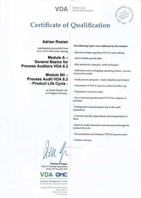 VDA 6.3_Module BII Process Audit_Product life Cycle _Certificate | PDF