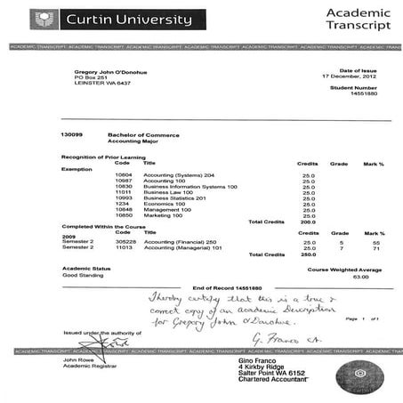 Curtin Academic Transcript | PDF